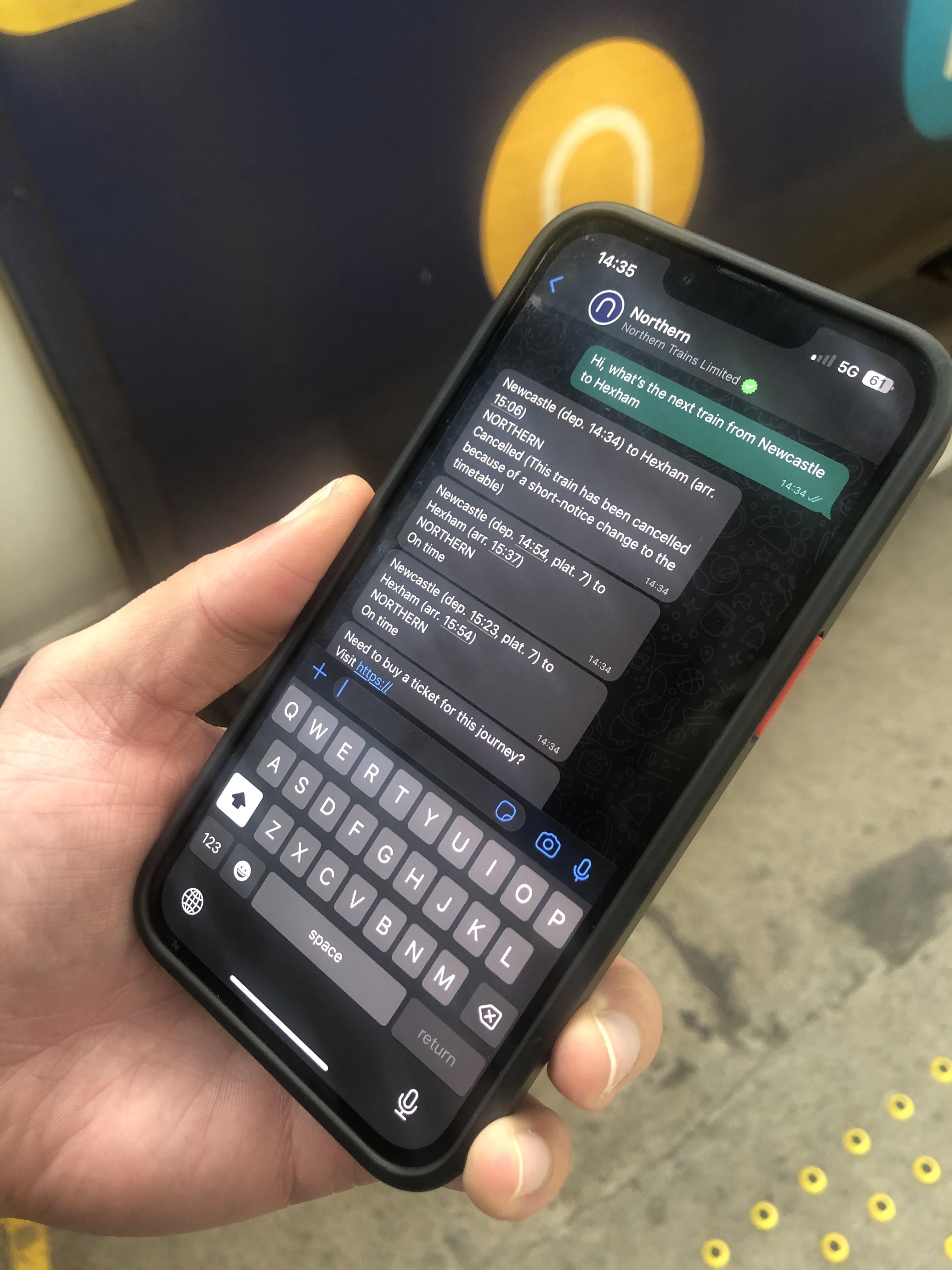 Northern customers can now get live train information via WhatsApp